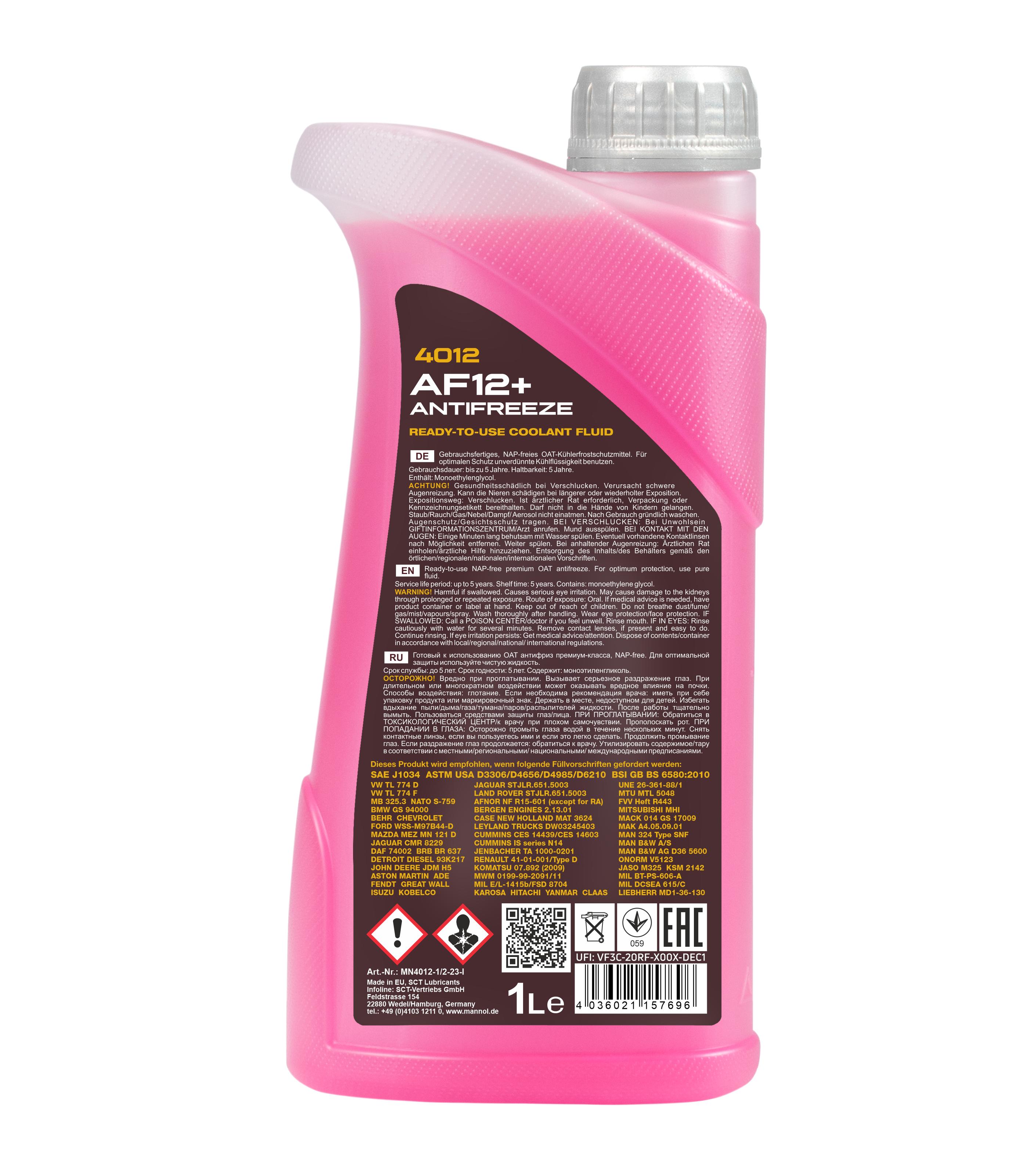 1 Liter MANNOL Kühlerfrostschutz Antifreeze AF 12+ Frostschutz -40°C ...