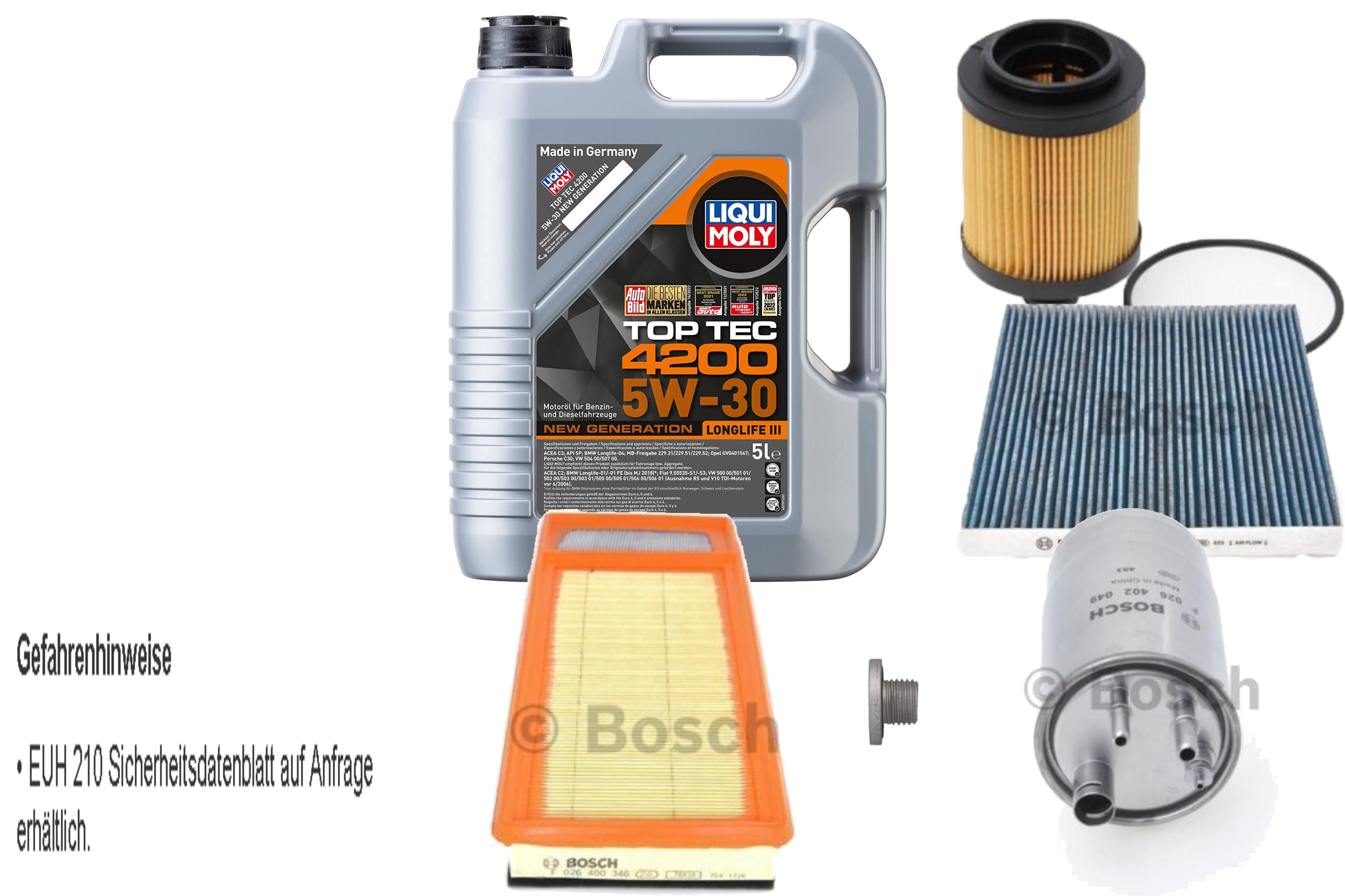 Bosch Inspection Set 5 L Liqui Moly Top Tec 4200 5W-30 pour Fiat Qubo 1 ...